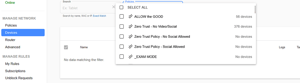 Option to set the default selection to DESSELECT ALL on devices page and make the select options ...